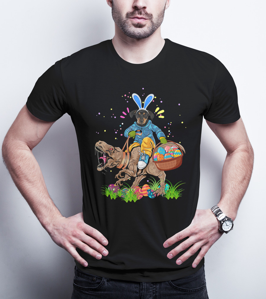Bunny Rottweiler Dog Riding Rex Dinosaur With Easter Basket T-Shirt