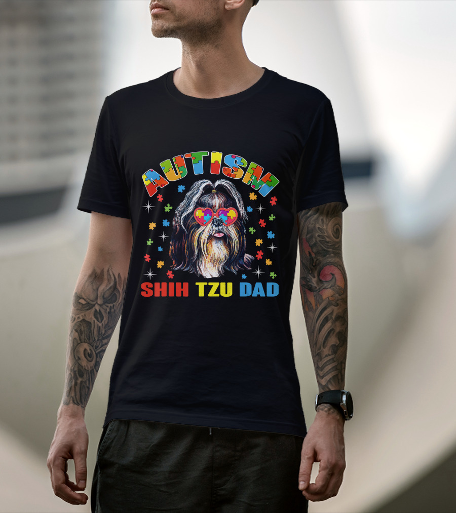 Autism Awareness Cute Shih Tzu Dog Dad With Puzzle Heart Glasses T-Shirt