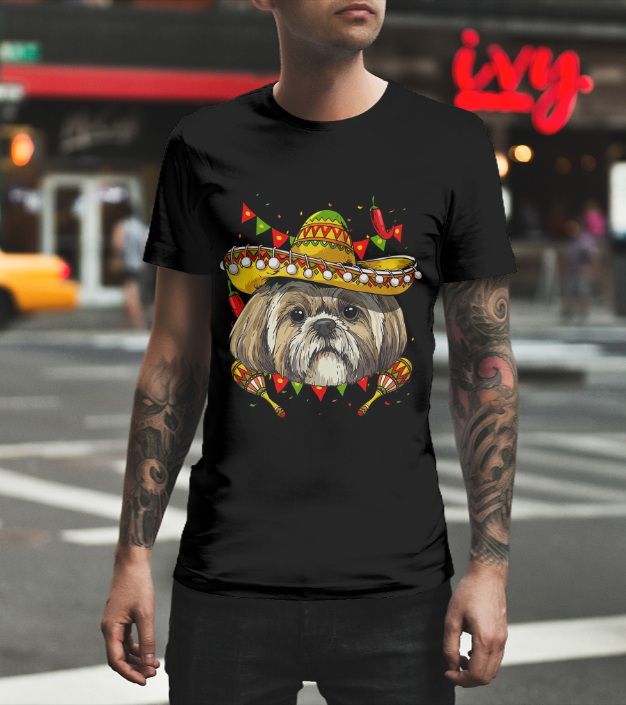 Cinco De Mayo Shih Tzu Sombrero Maracas Chili Peppers Fiesta T-Shirt