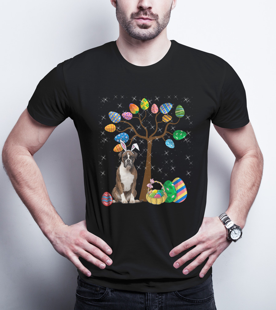 Boxer Dog With Easter Egg Tree And Bunny Ears For Easter Day T-Shirt