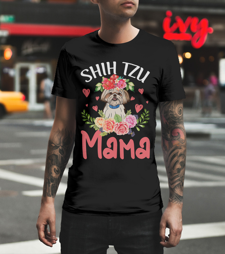 Shih Tzu Mama With Floral Heart Accents T-Shirt