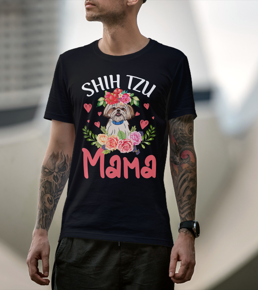 Shih Tzu Mama With Floral Heart Accents T-Shirt
