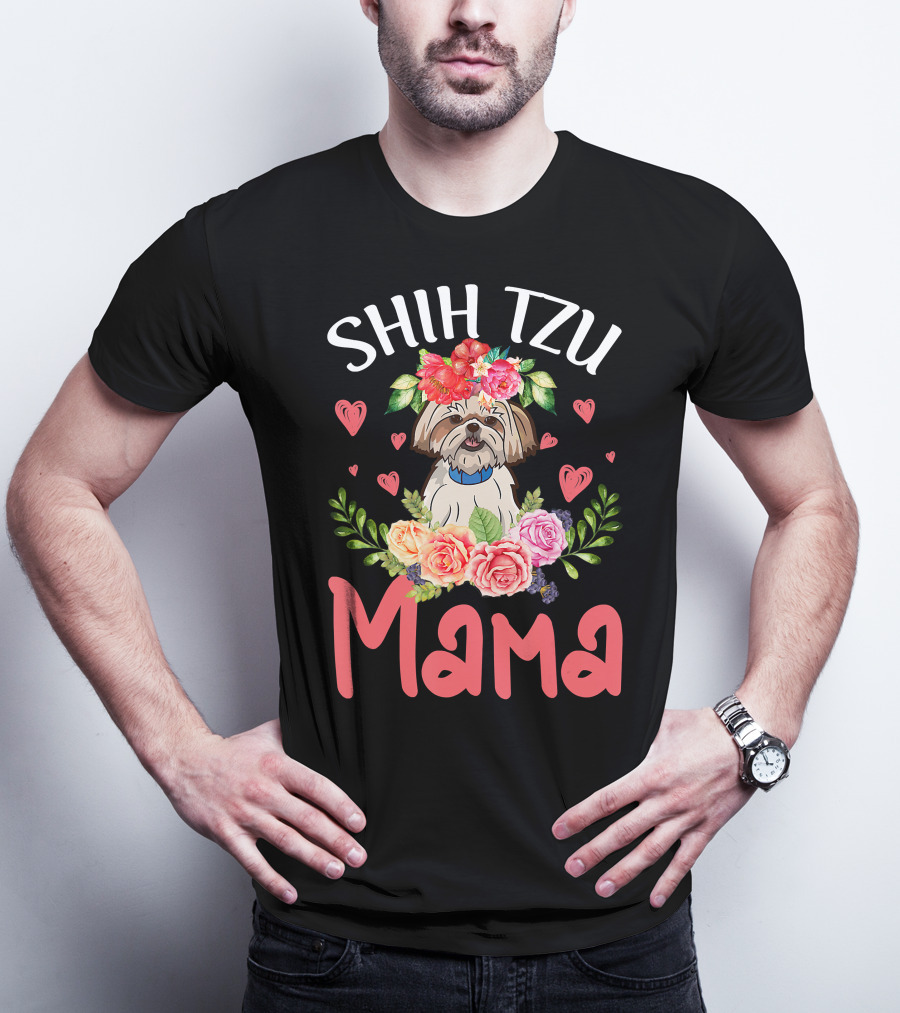 Shih Tzu Mama With Floral Heart Accents T-Shirt