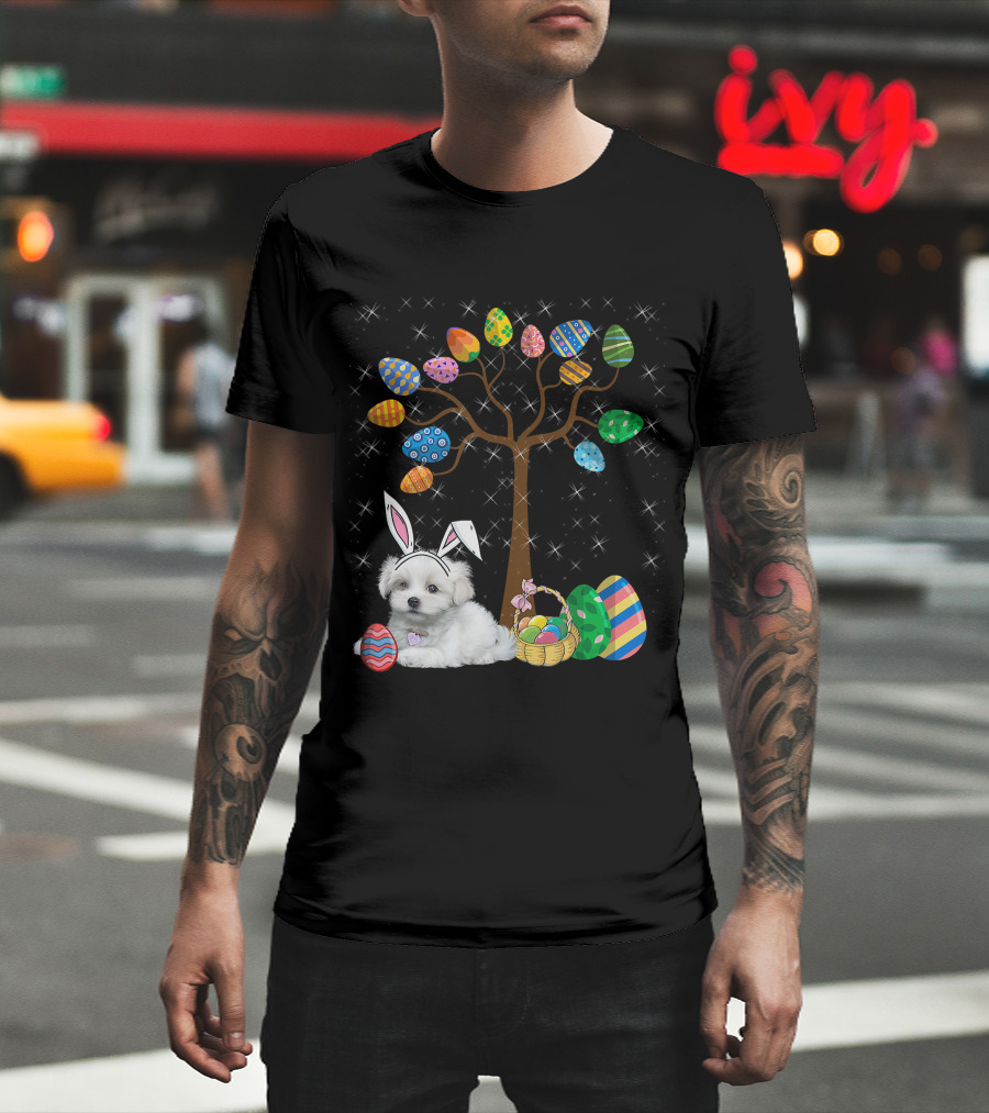 Maltese Dog With Bunny Ears Hunting Easter Eggs On Egg Tree T-Shirt