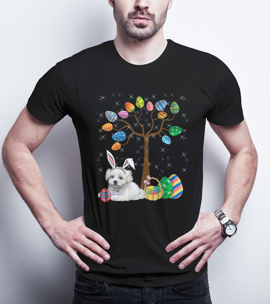 Maltese Dog With Bunny Ears Hunting Easter Eggs On Egg Tree T-Shirt