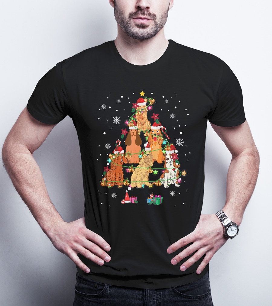 Cocker Spaniel Christmas Tree With Santa Hats And Snowflakes T-Shirt
