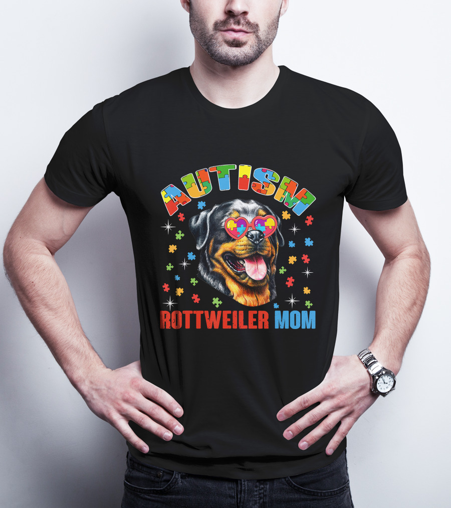 Rottweiler Mom Autism Awareness Puzzle Heart Glasses T-Shirt