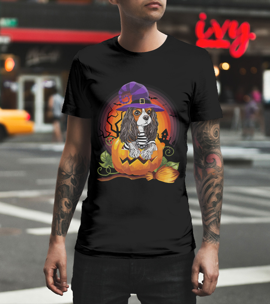 Cavalier Witch Dog In Pumpkin Halloween Scene T-Shirt
