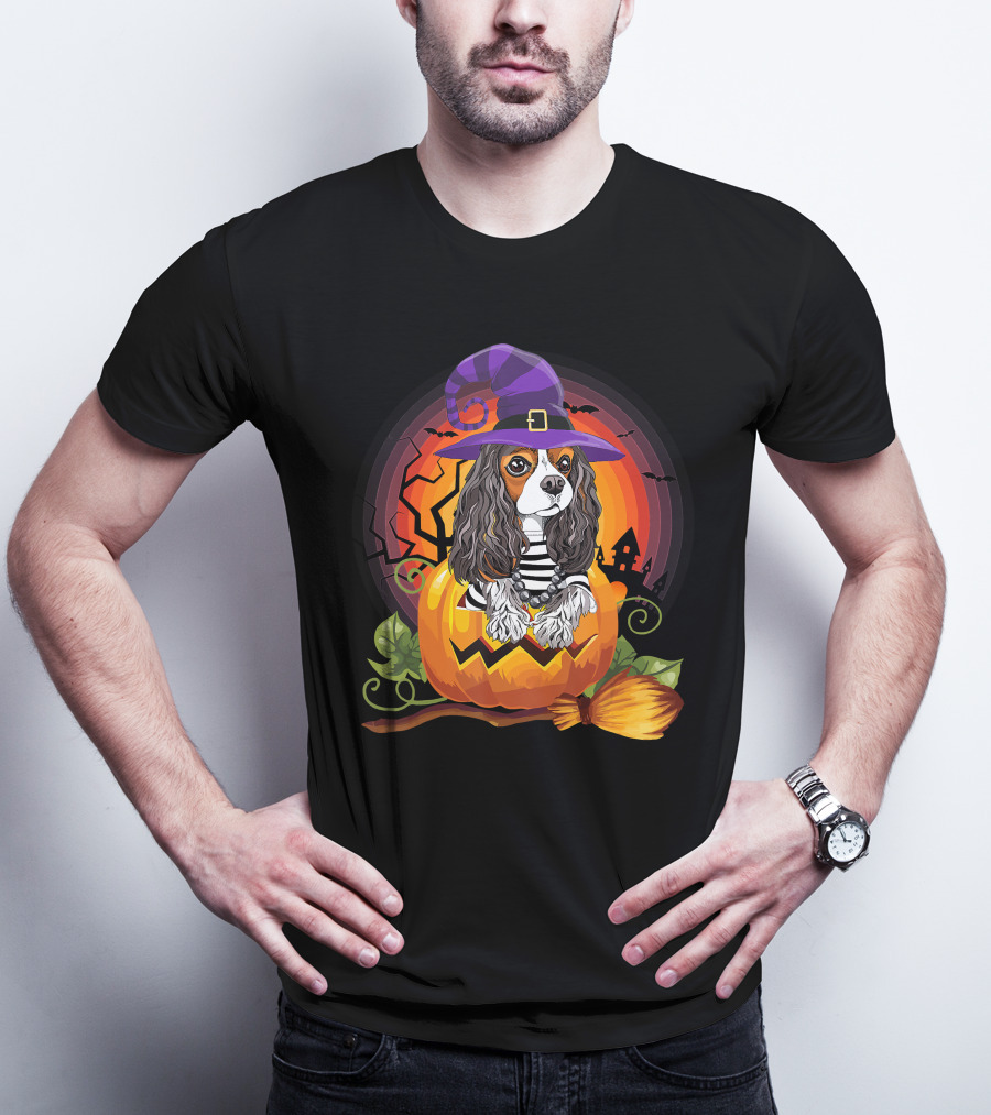 Cavalier Witch Dog In Pumpkin Halloween Scene T-Shirt