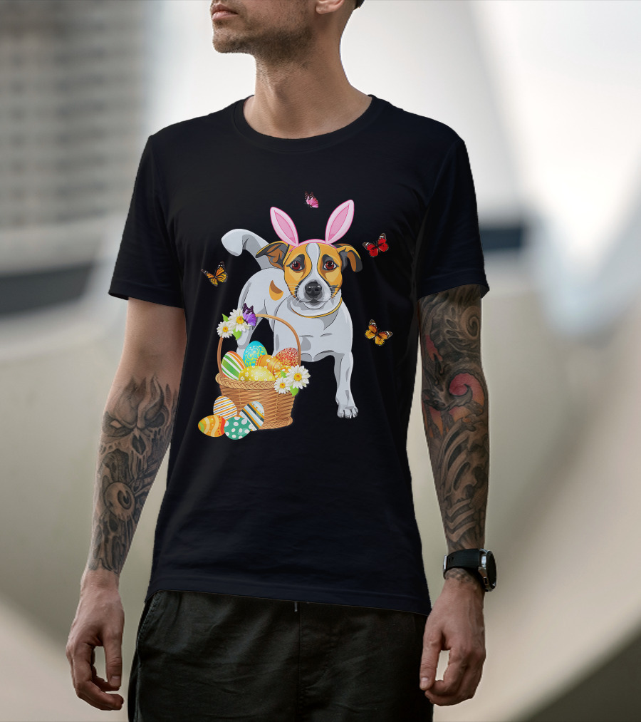 Cutes Jack Russell Bunny Ear With Butterflies And Easter Eggs In Basket T-Shirt