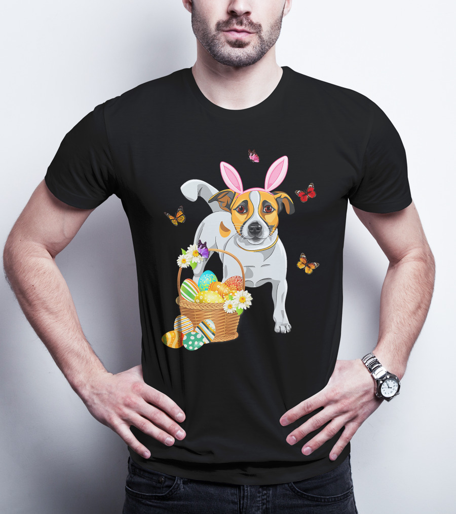 Cutes Jack Russell Bunny Ear With Butterflies And Easter Eggs In Basket T-Shirt