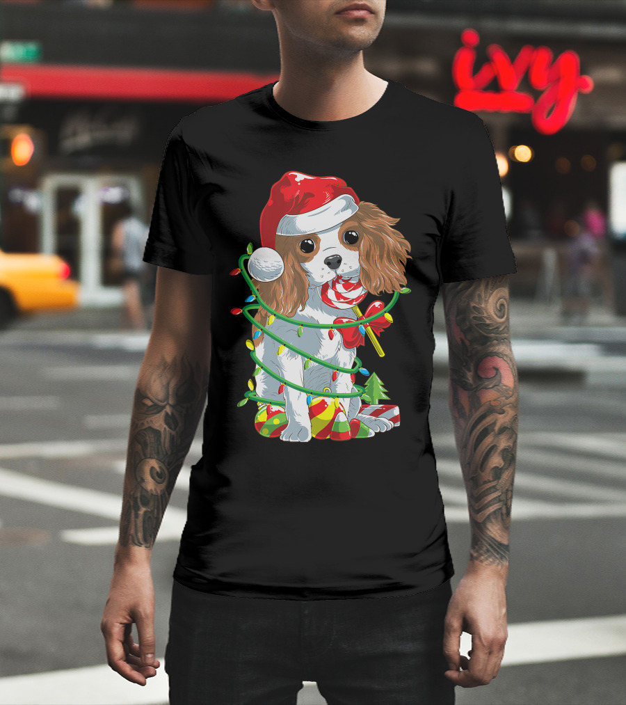 Cute Cavalier King Charles Spaniel Dog In Santa Hat With Christmas Lights And Candy Cane T-Shirt