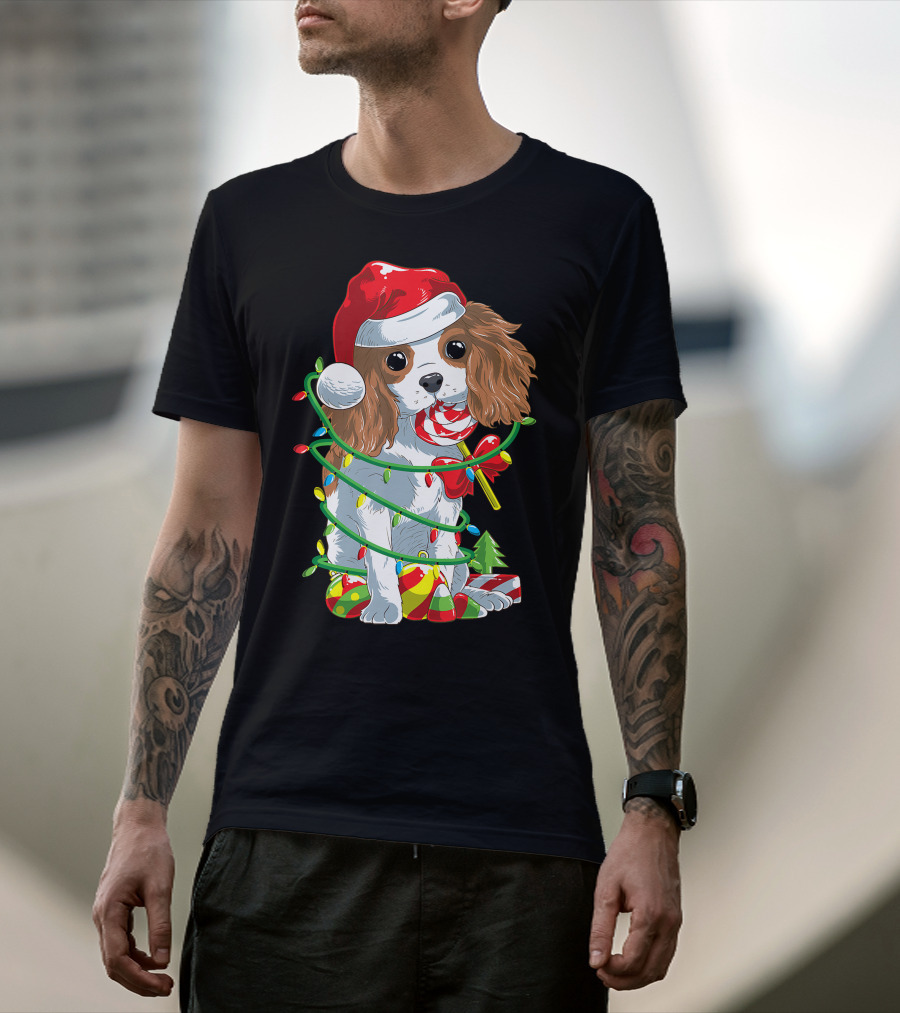 Cute Cavalier King Charles Spaniel Dog In Santa Hat With Christmas Lights And Candy Cane T-Shirt