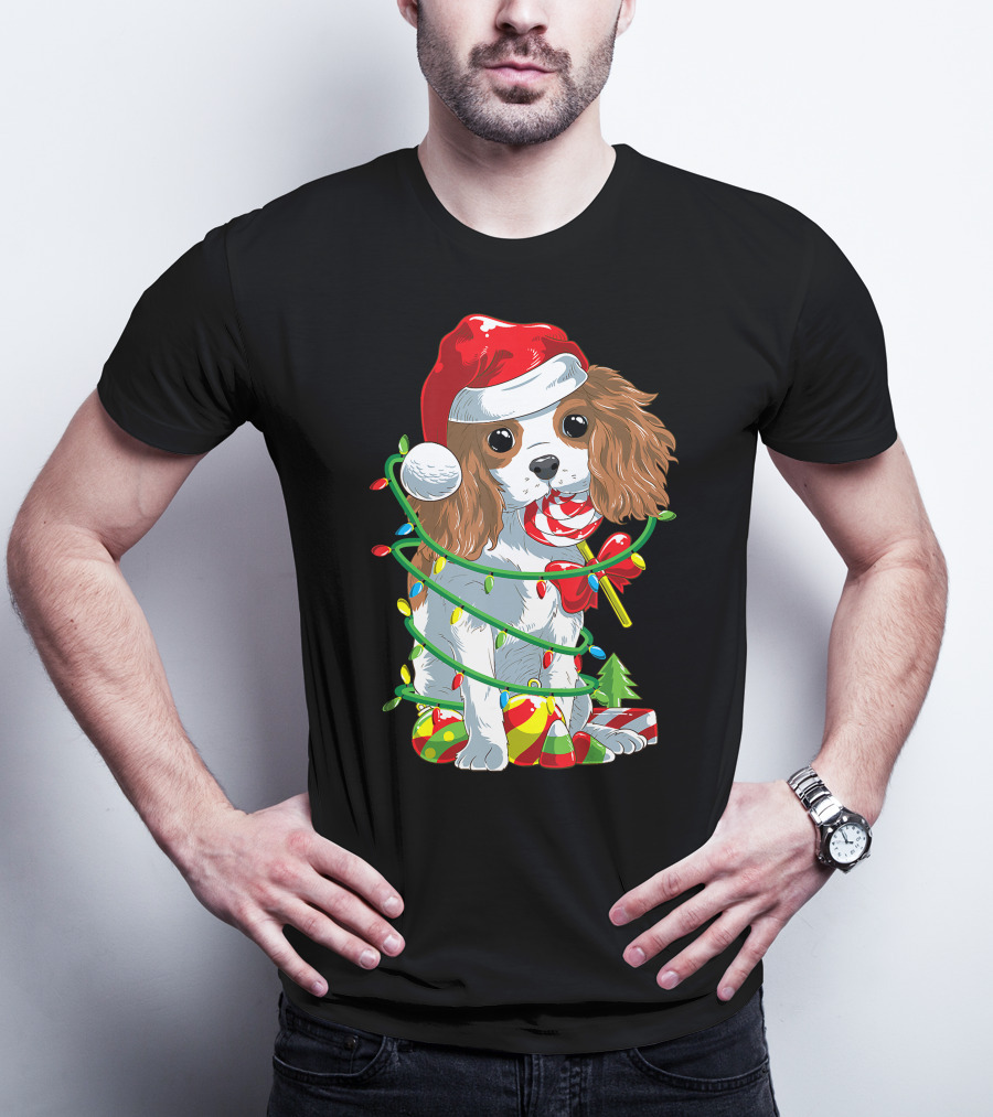 Cute Cavalier King Charles Spaniel Dog In Santa Hat With Christmas Lights And Candy Cane T-Shirt