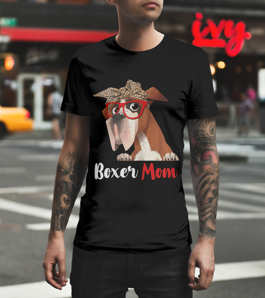Boxer Mom With Red Glasses And Leopard Headband For Dog Lovers T-Shirt