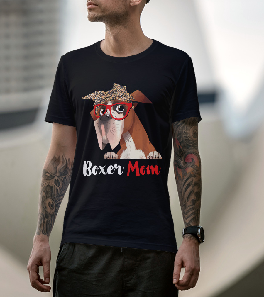Boxer Mom With Red Glasses And Leopard Headband For Dog Lovers T-Shirt