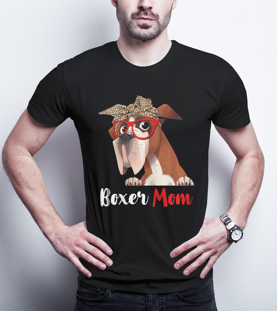 Boxer Mom With Red Glasses And Leopard Headband For Dog Lovers T-Shirt