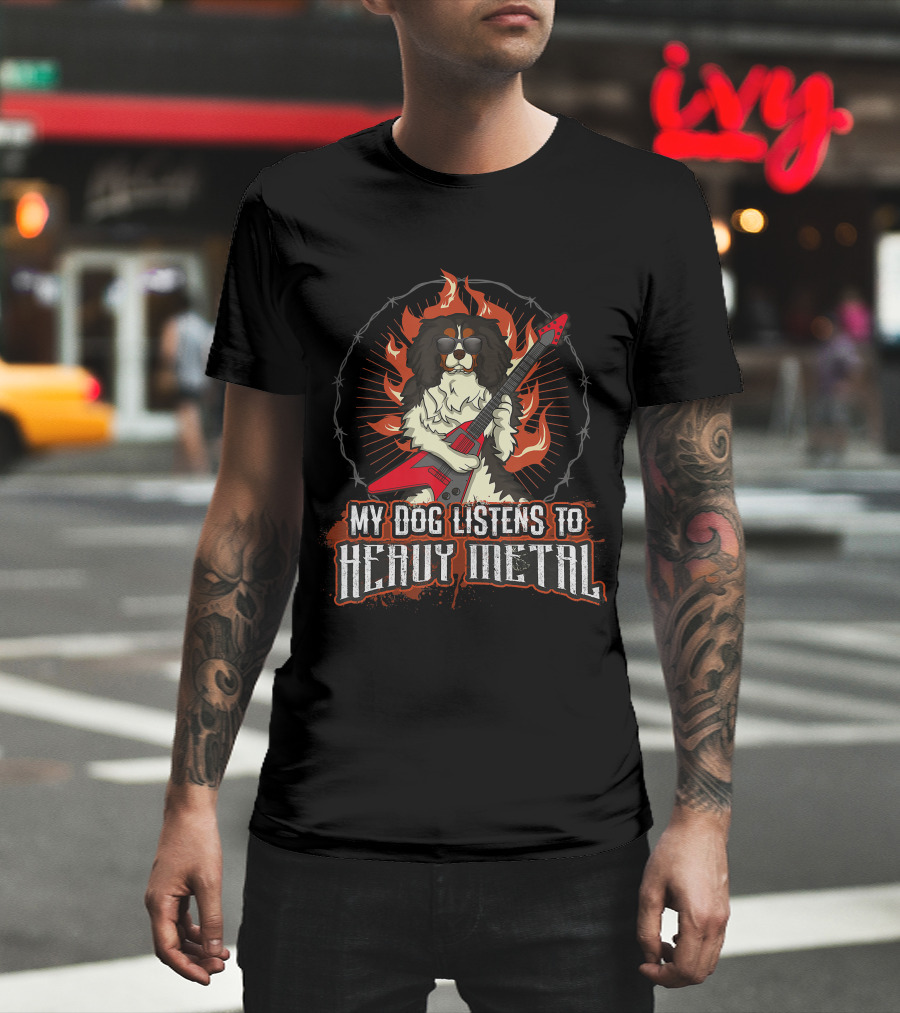 My Dog Listens To Heavy Metal Cavalier King Charles Spaniel Guitar Flames T-Shirt