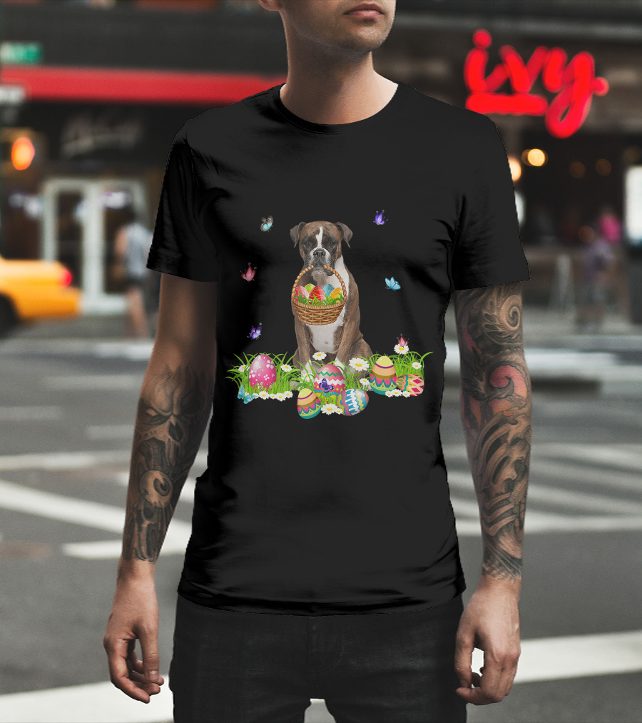 Boxer Dog Holding Easter Eggs Basket Surrounded By Butterflies And Flowers T-Shirt