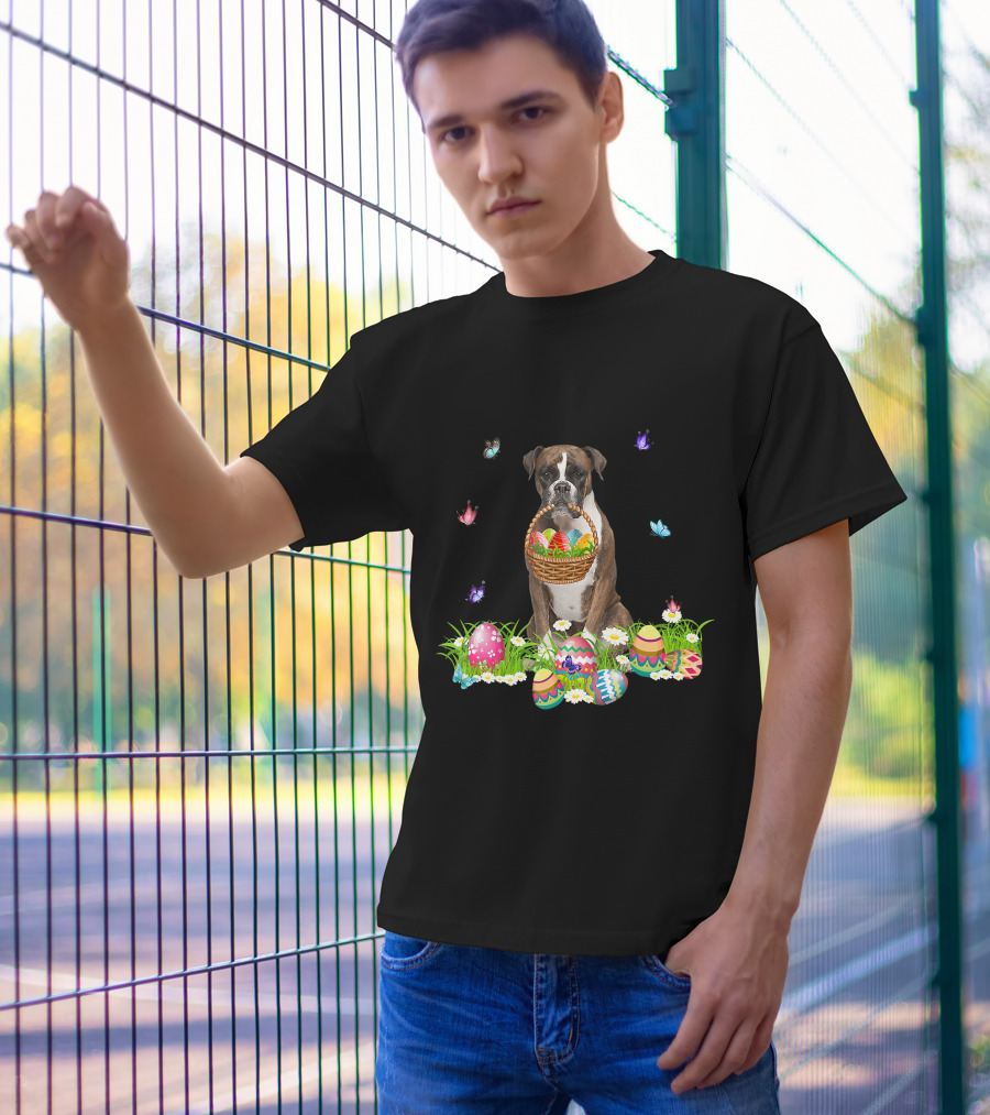 Boxer Dog Holding Easter Eggs Basket Surrounded By Butterflies And Flowers T-Shirt