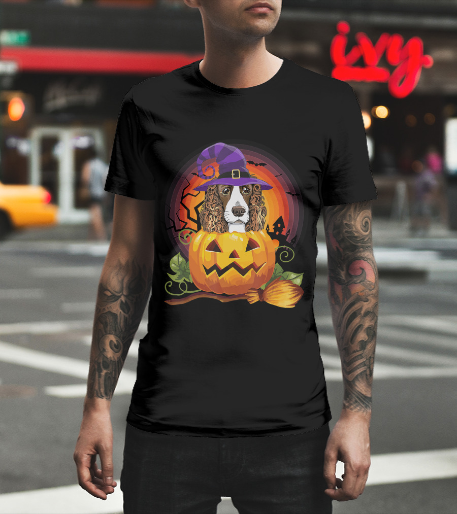 Dog Lover English Cocker Spaniel Witch Pumpkin Halloween Scene T-Shirt