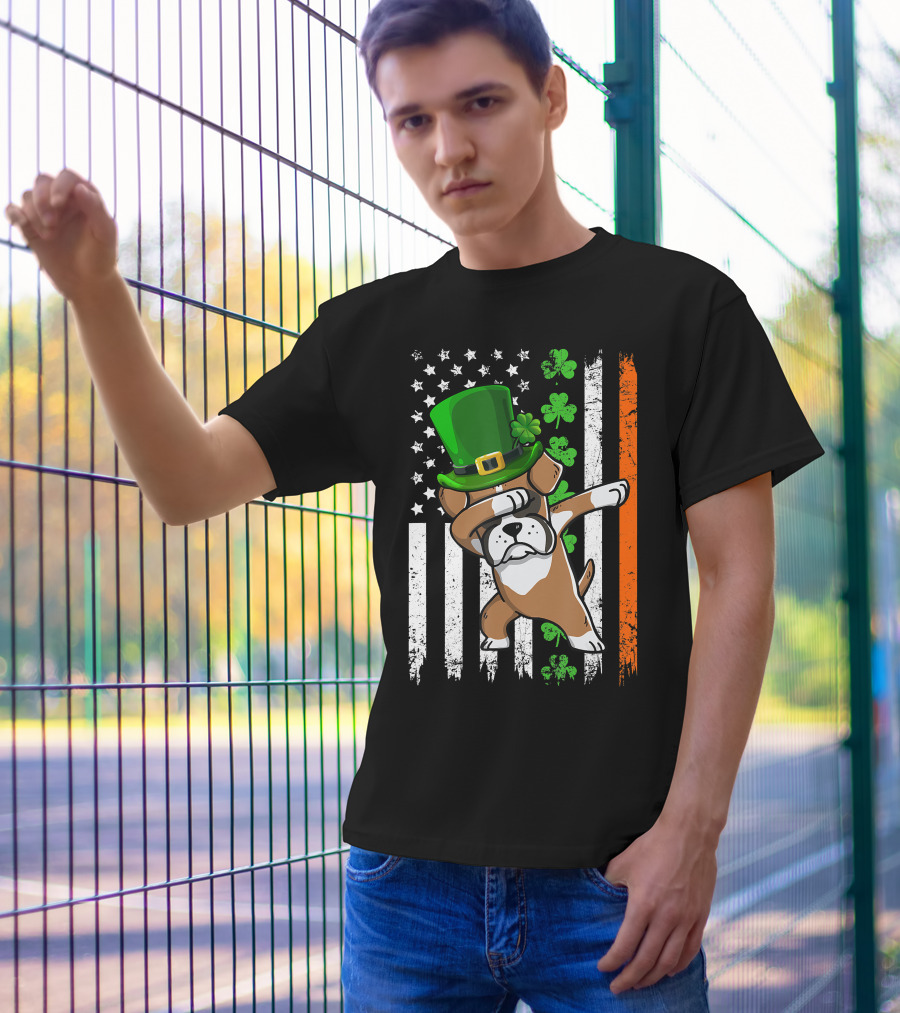 Dabbing Boxer Dog Leprechaun Hat American Irish Flag T-Shirt