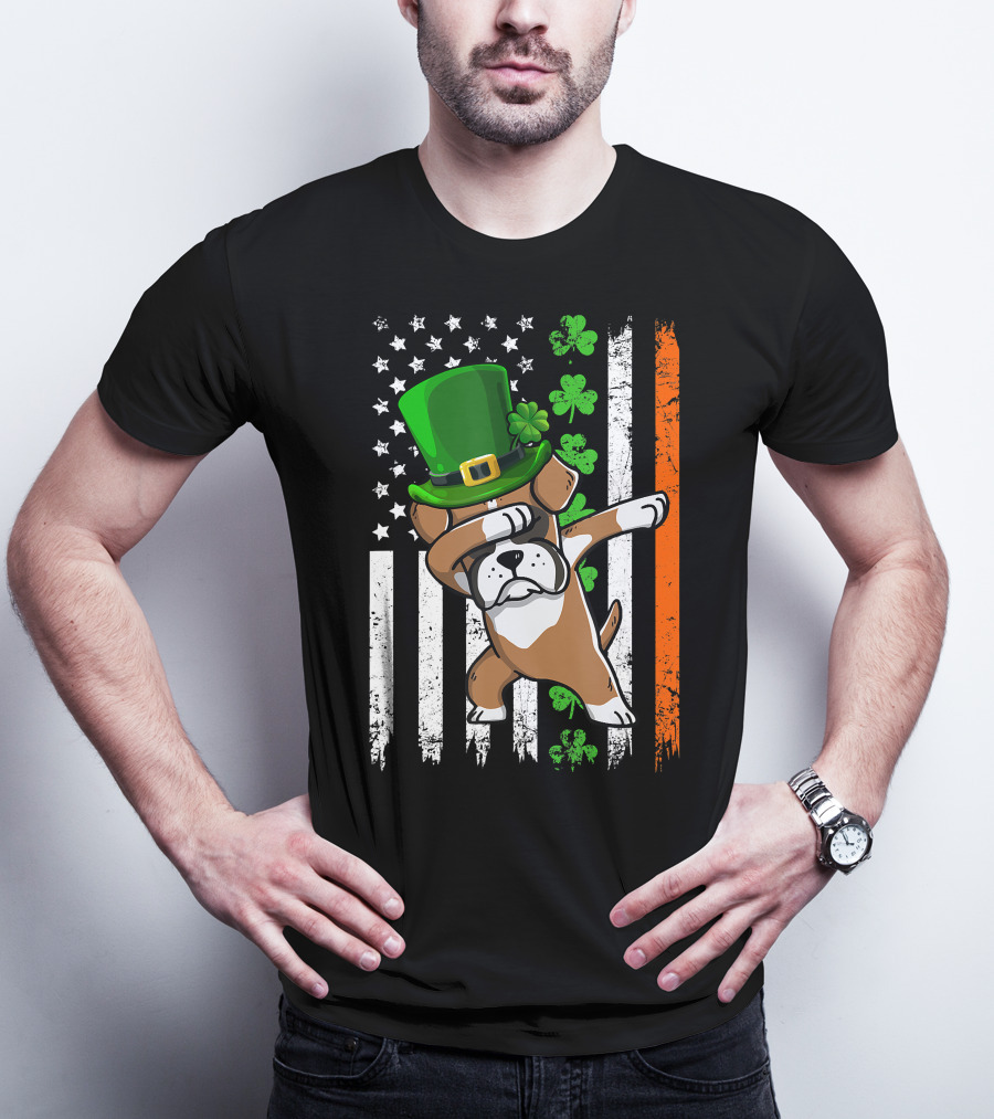 Dabbing Boxer Dog Leprechaun Hat American Irish Flag T-Shirt