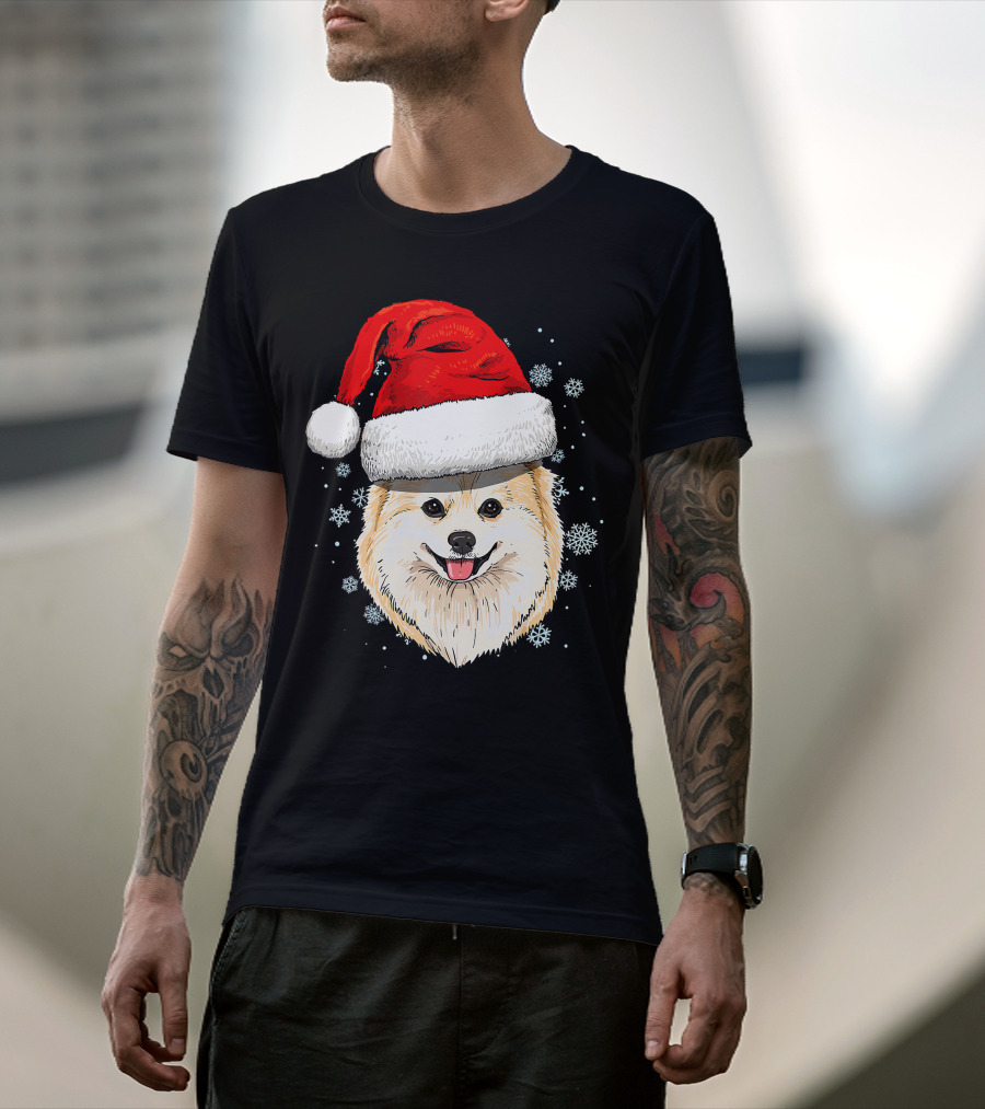 Pomeranian Santa Hat Snowflakes Christmas T-Shirt