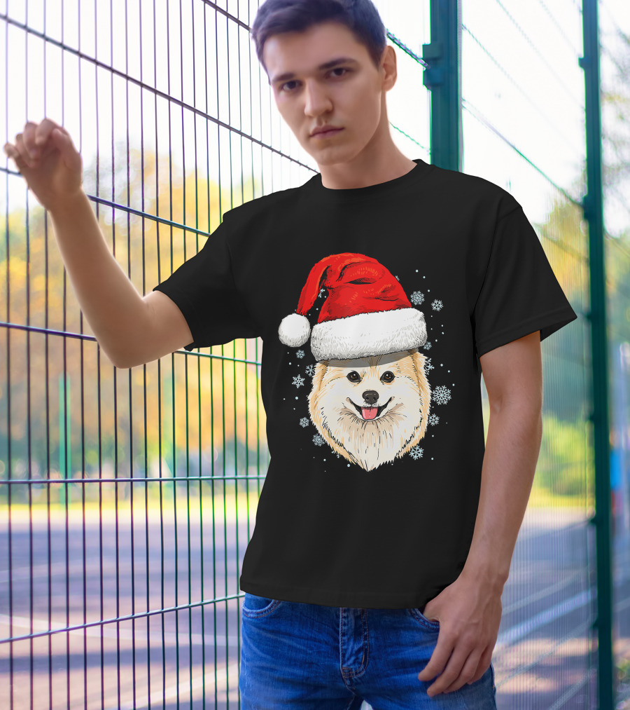 Pomeranian Santa Hat Snowflakes Christmas T-Shirt