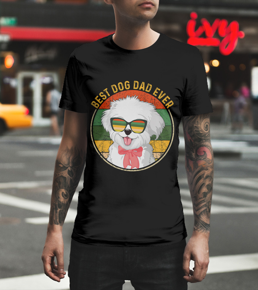 Best Dog Dad Ever Retro Vintage Maltese Sunglasses T-Shirt