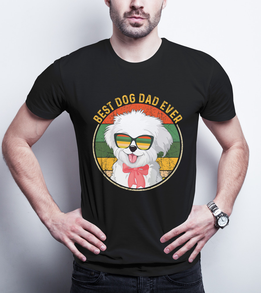 Best Dog Dad Ever Retro Vintage Maltese Sunglasses T-Shirt