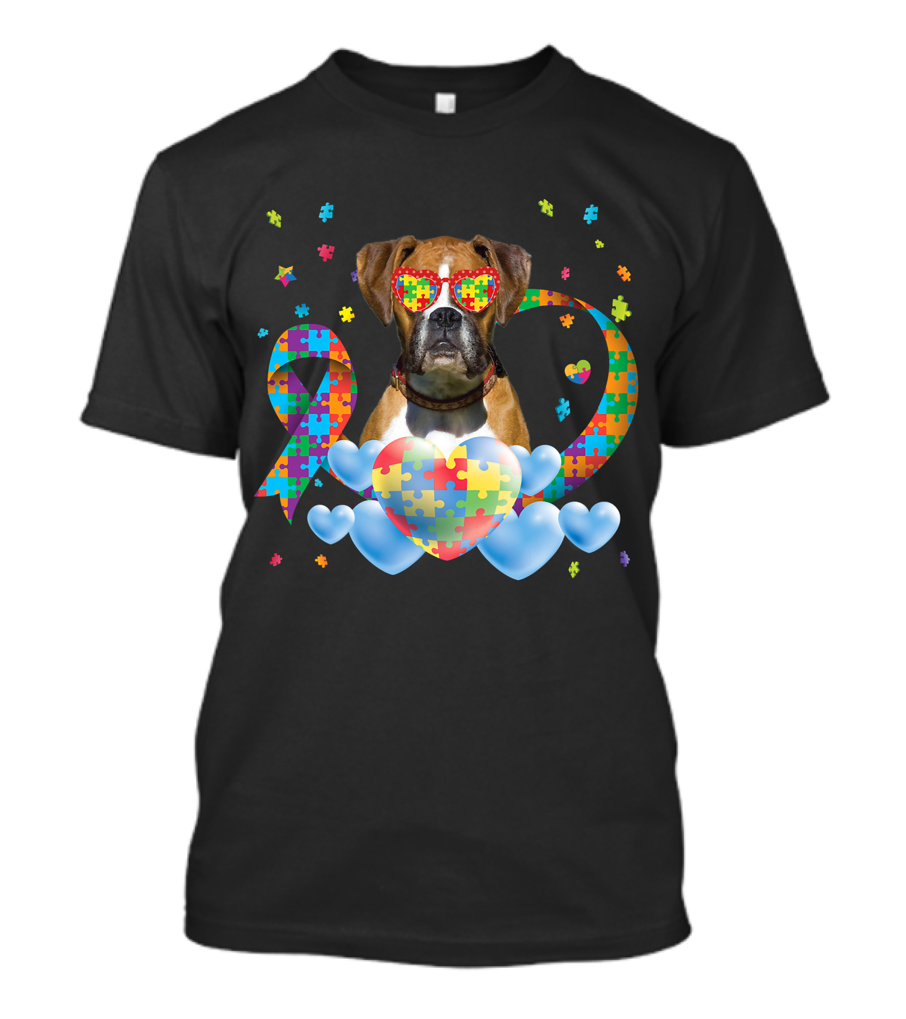 Boxer Dog Autism Awareness Heart Puzzle Ribbon Rainbow T-Shirt