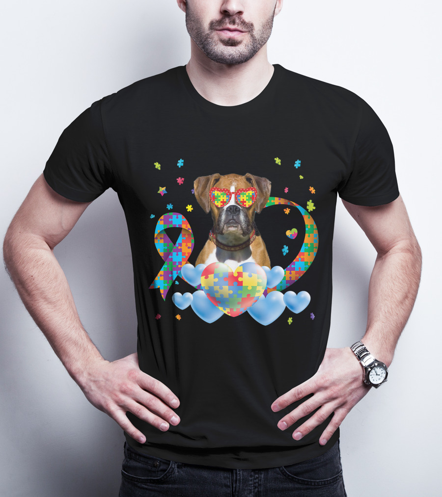 Boxer Dog Autism Awareness Heart Puzzle Ribbon Rainbow T-Shirt