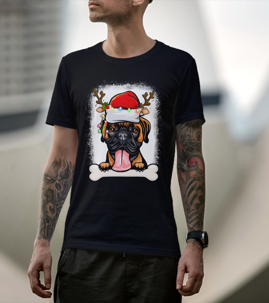 Boxer Dog With Santa Hat And Antlers Holding A Bone With Christmas Lights T-Shirt