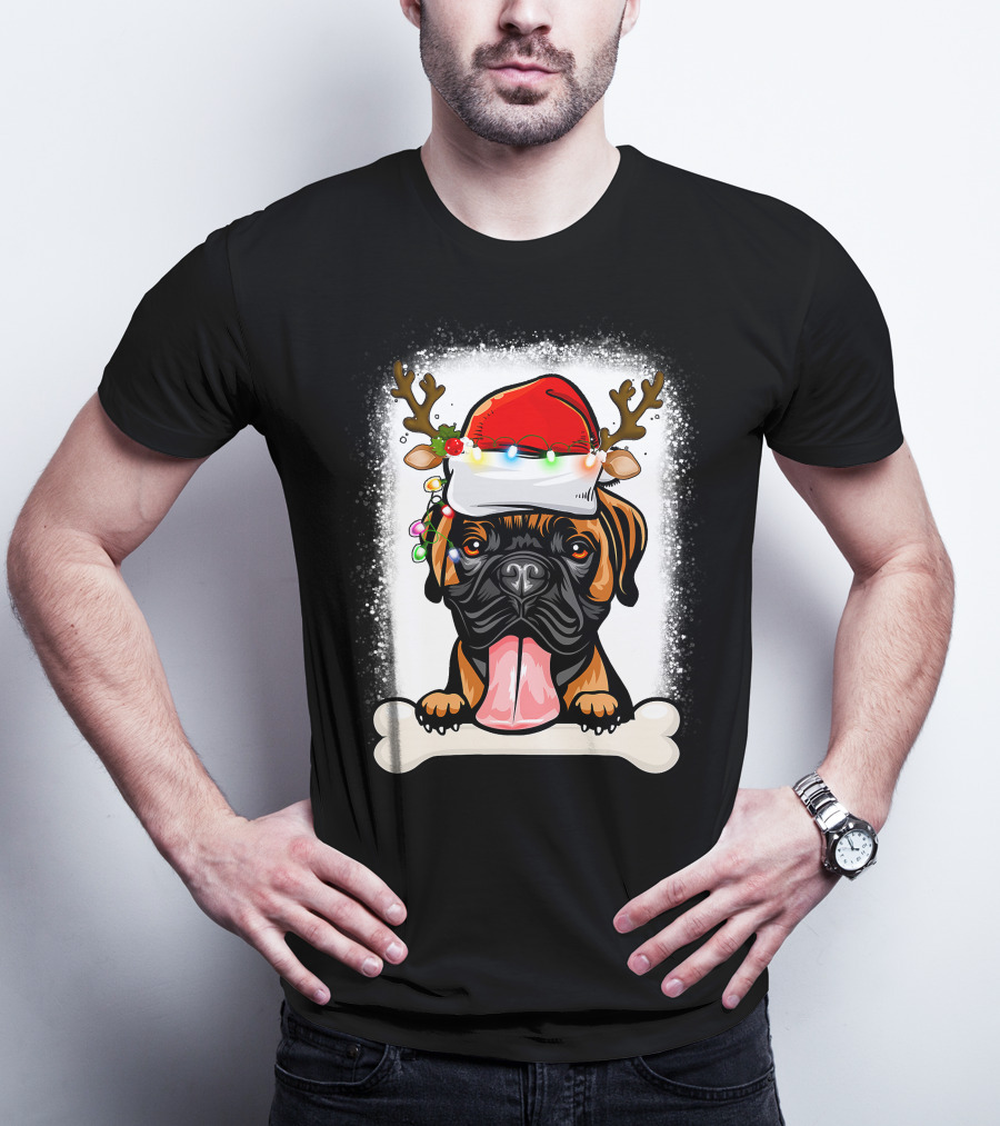 Boxer Dog With Santa Hat And Antlers Holding A Bone With Christmas Lights T-Shirt
