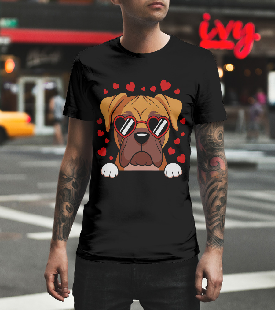 Boxer Dog Face With Red Heart Glasses Surrounded By Floating Hearts T-Shirt