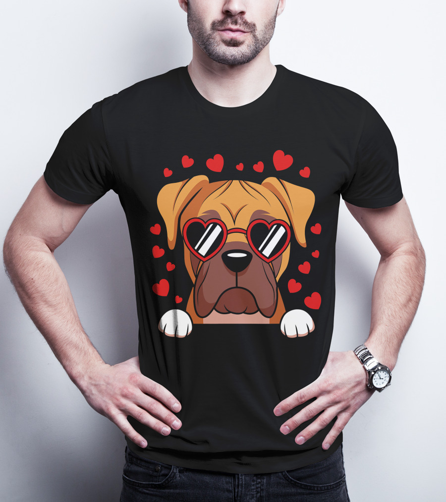 Boxer Dog Face With Red Heart Glasses Surrounded By Floating Hearts T-Shirt