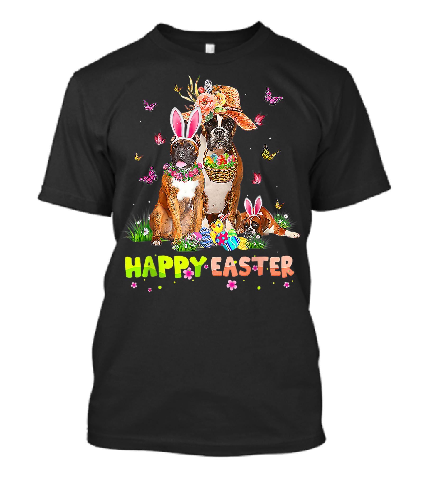 Happy Easter Boxer Dogs Bunny Ears Eggs And Butterflies T-Shirt