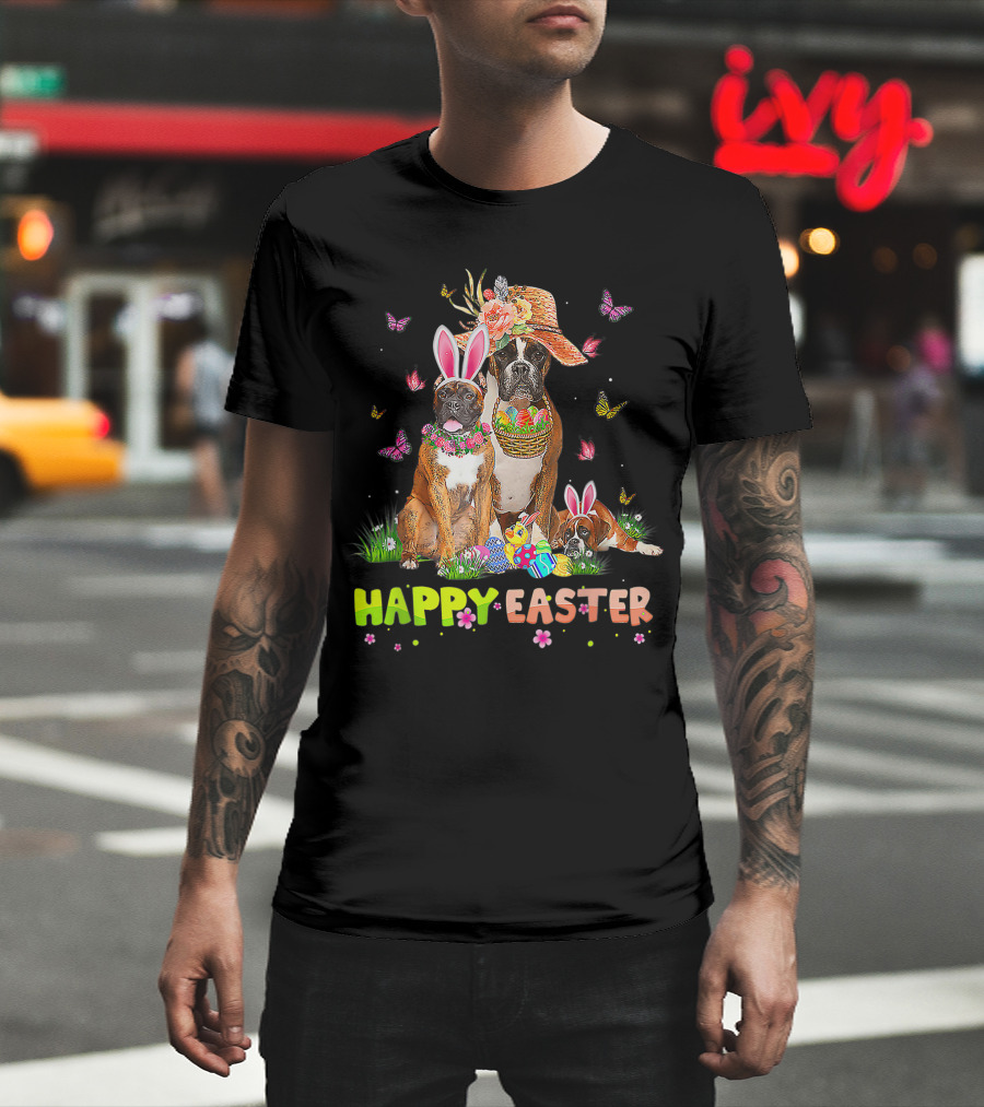 Happy Easter Boxer Dogs Bunny Ears Eggs And Butterflies T-Shirt