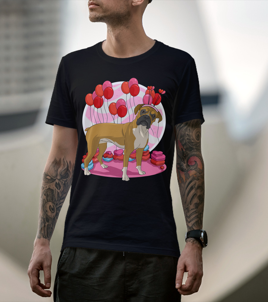 Boxer Dog With Heart Antlers And Balloons Valentine Decor T-Shirt