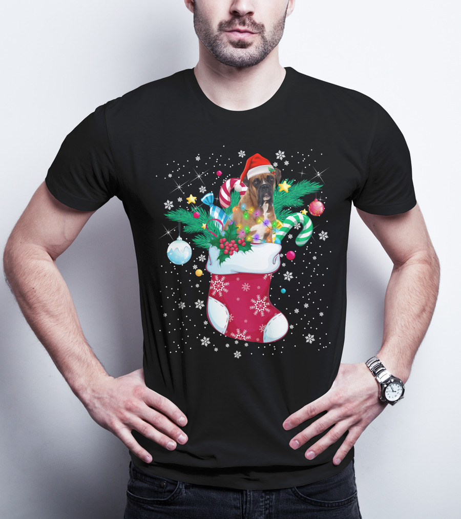 Boxer Dog In Santa Hat With Candy Canes In Christmas Stocking T-Shirt