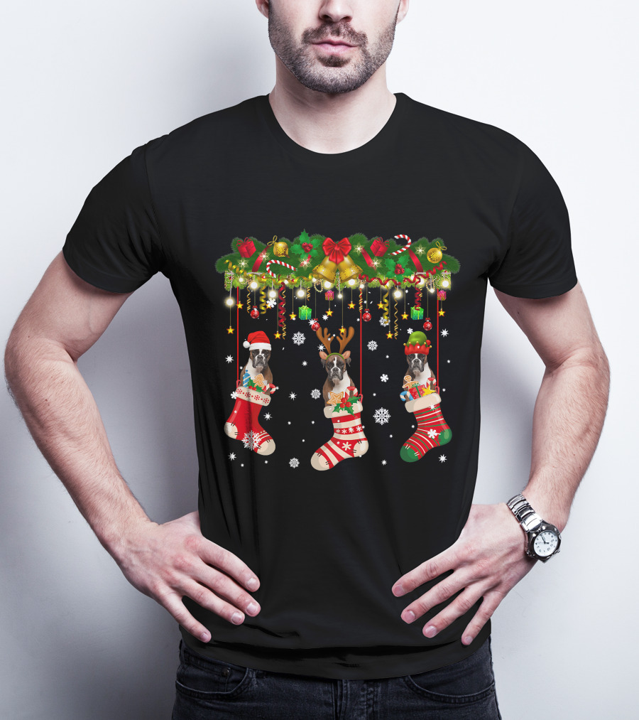 Boxer Dog In Christmas Stocking Santa Hat Reindeer Antlers Santa EL T-Shirt