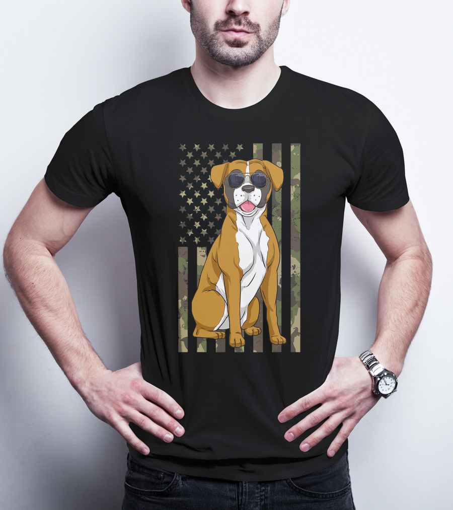 Boxer Dog Men Women Boxer Dad Mom Camo USA Flag Sunglasses T-Shirt