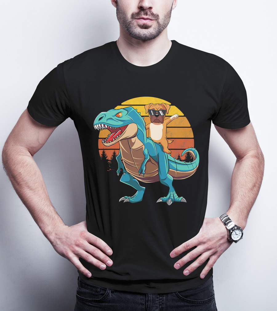 Boxer Dog Riding Dinosaur Rex Boys Girl Sunglasses Sunset T-Shirt
