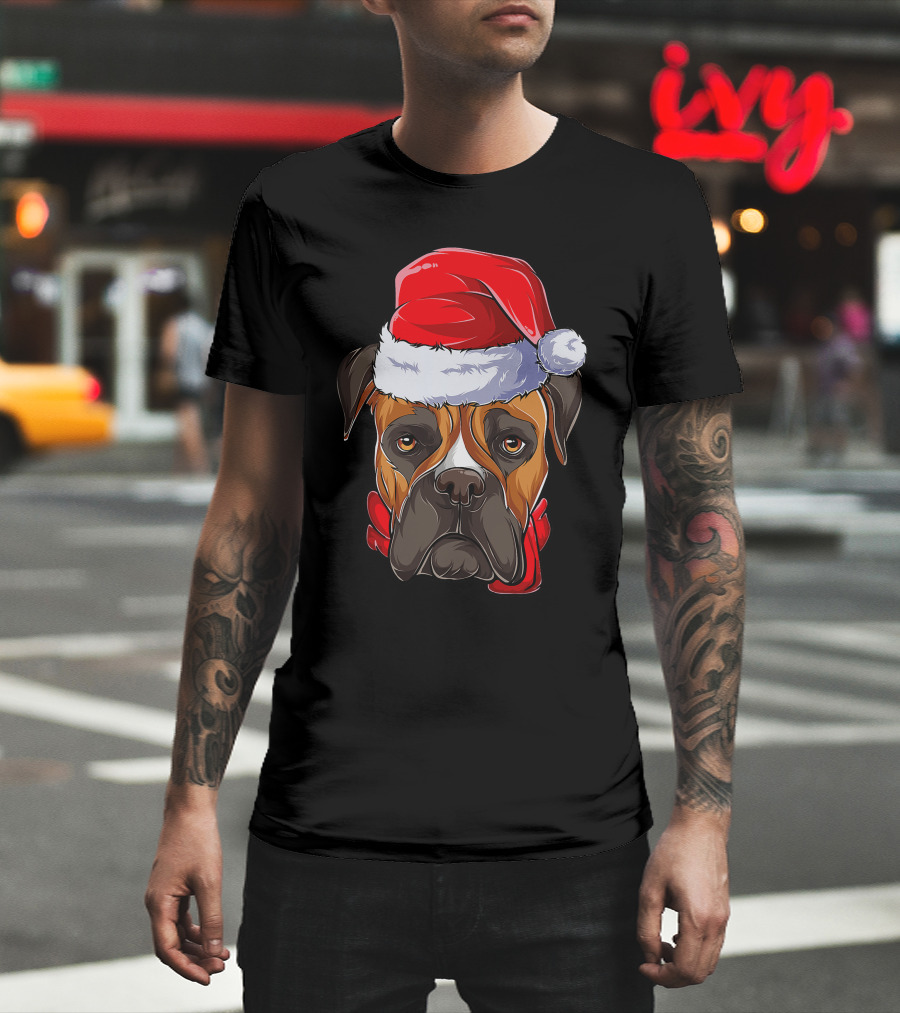 Boxer Dog Santa Hat Christmas Girls T-Shirt