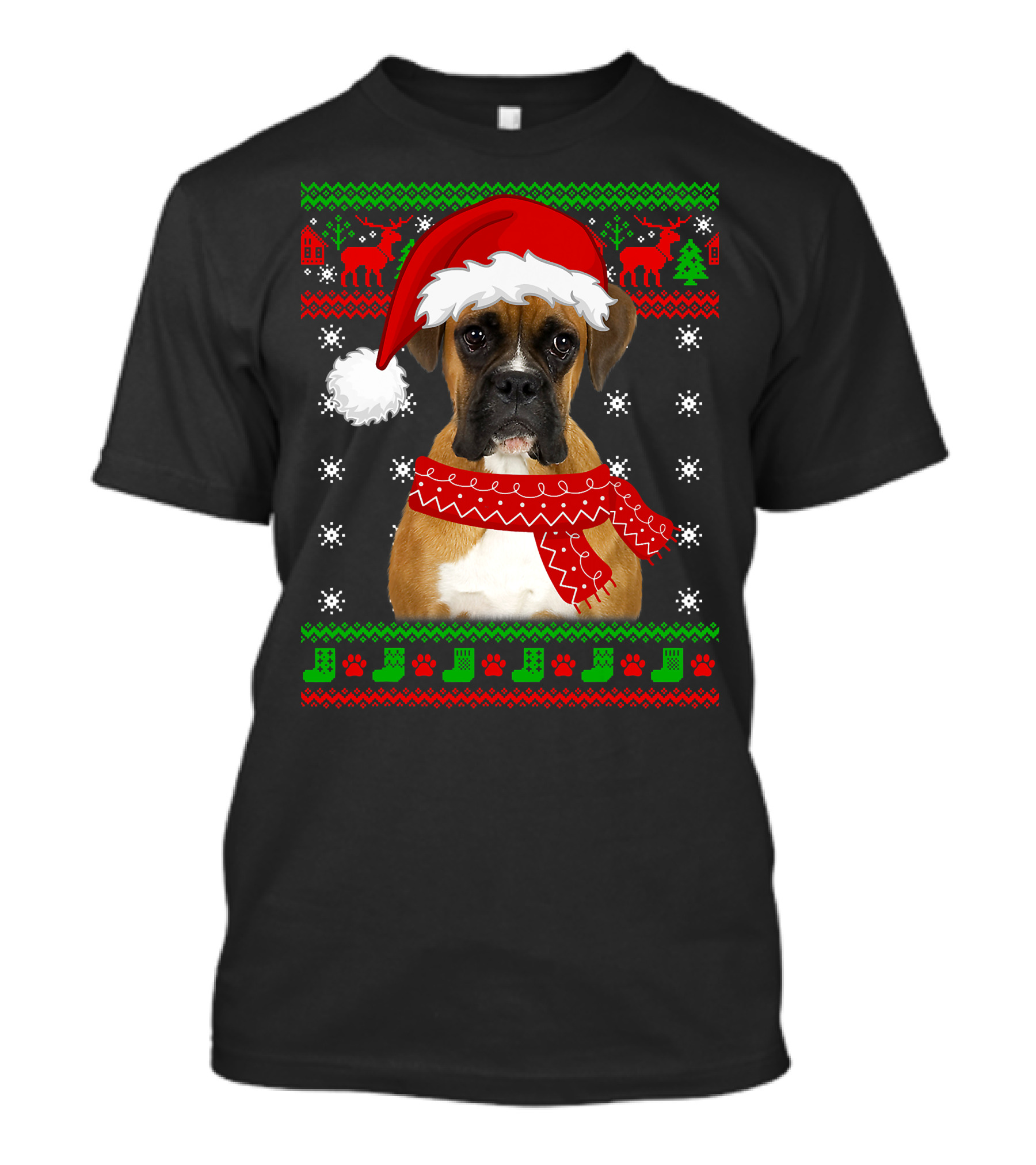 Boxer Dog Christmas Puppy Ugly Sweater Santa Hat Reindeer Snowflakes T-Shirt