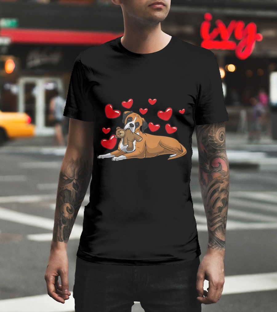 Boxer Dog Cuddling Teddy Bear Surrounded By Red Hearts T-Shirt