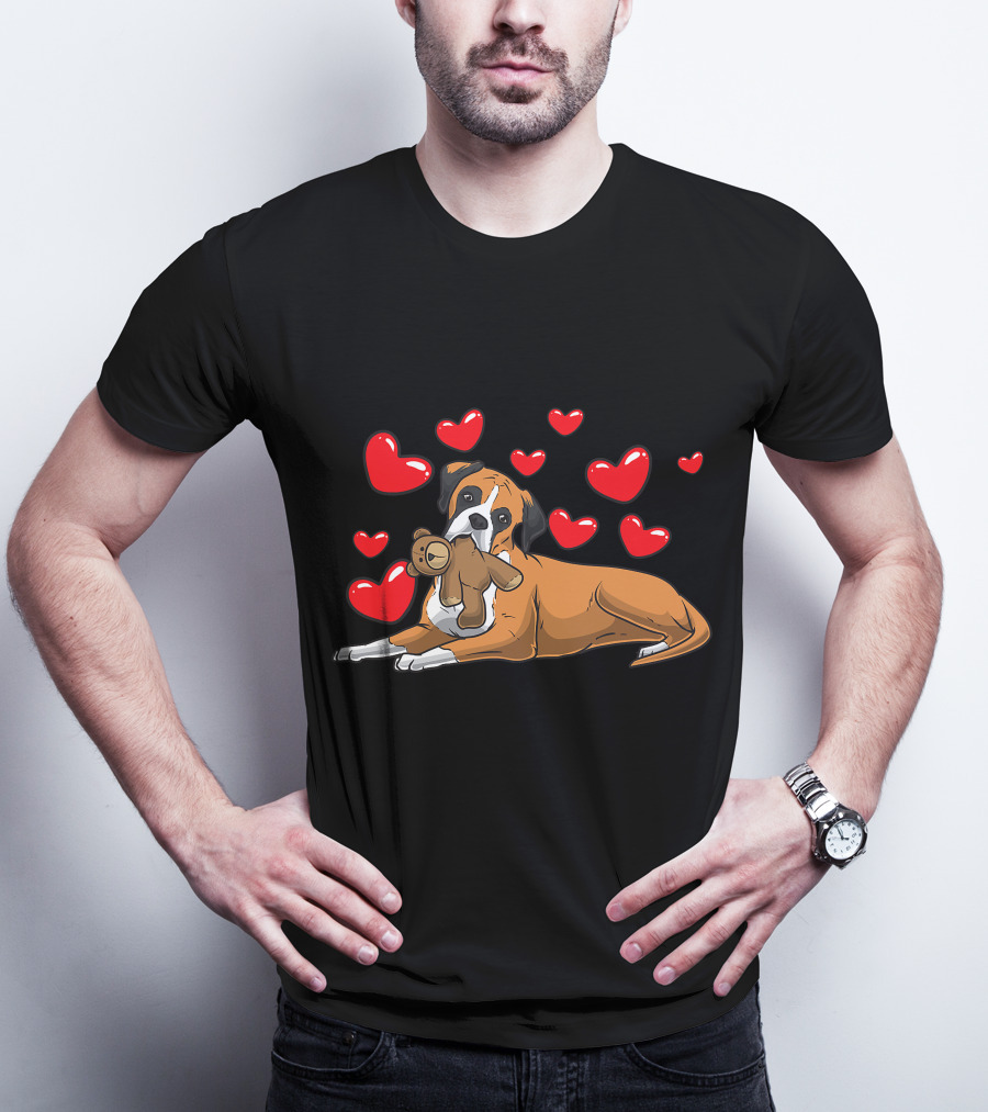 Boxer Dog Cuddling Teddy Bear Surrounded By Red Hearts T-Shirt