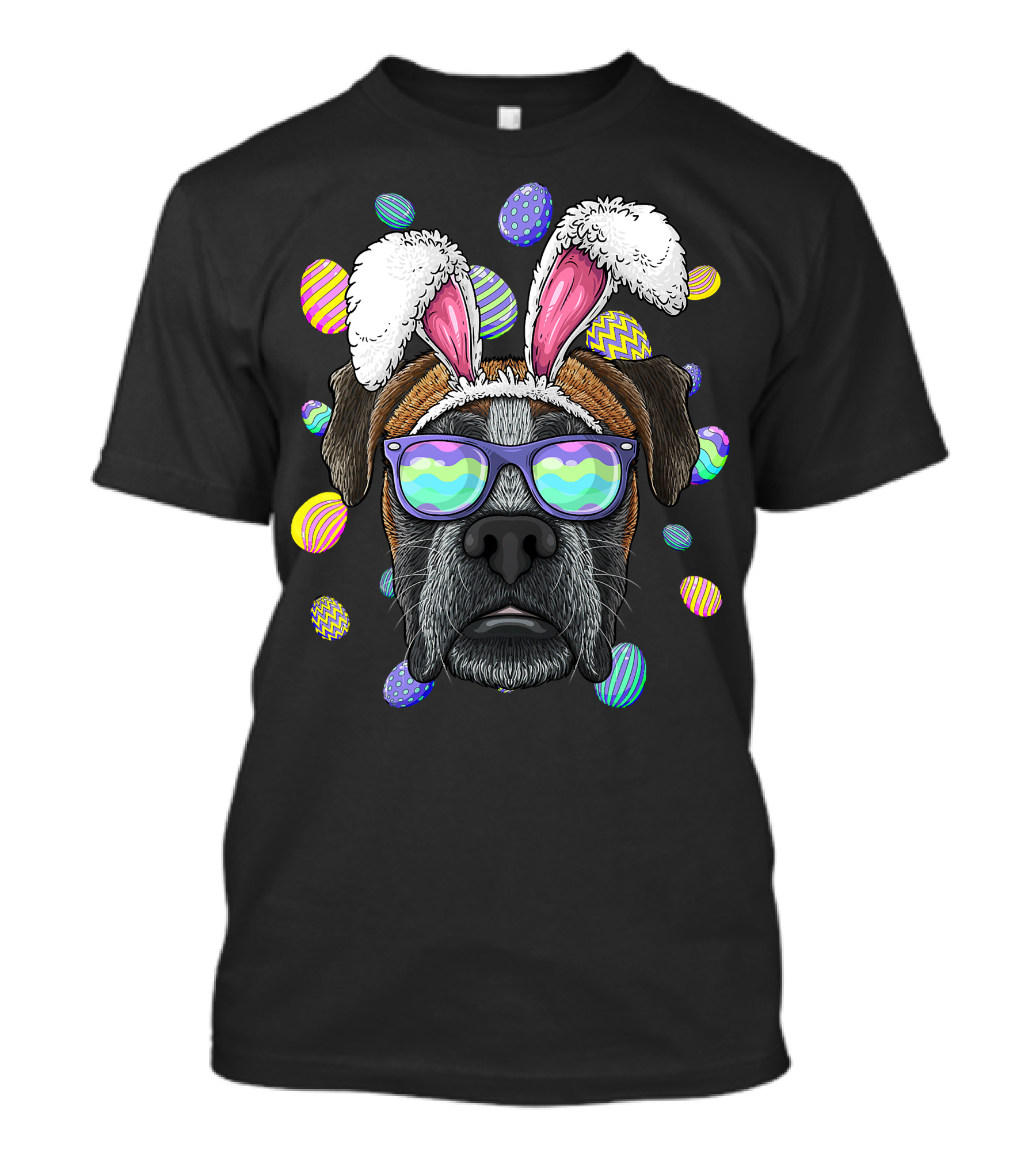 Boxer Dog With Bunny Ears And Sunglasses Surrounded By Colorful Easter Eggs T-Shirt