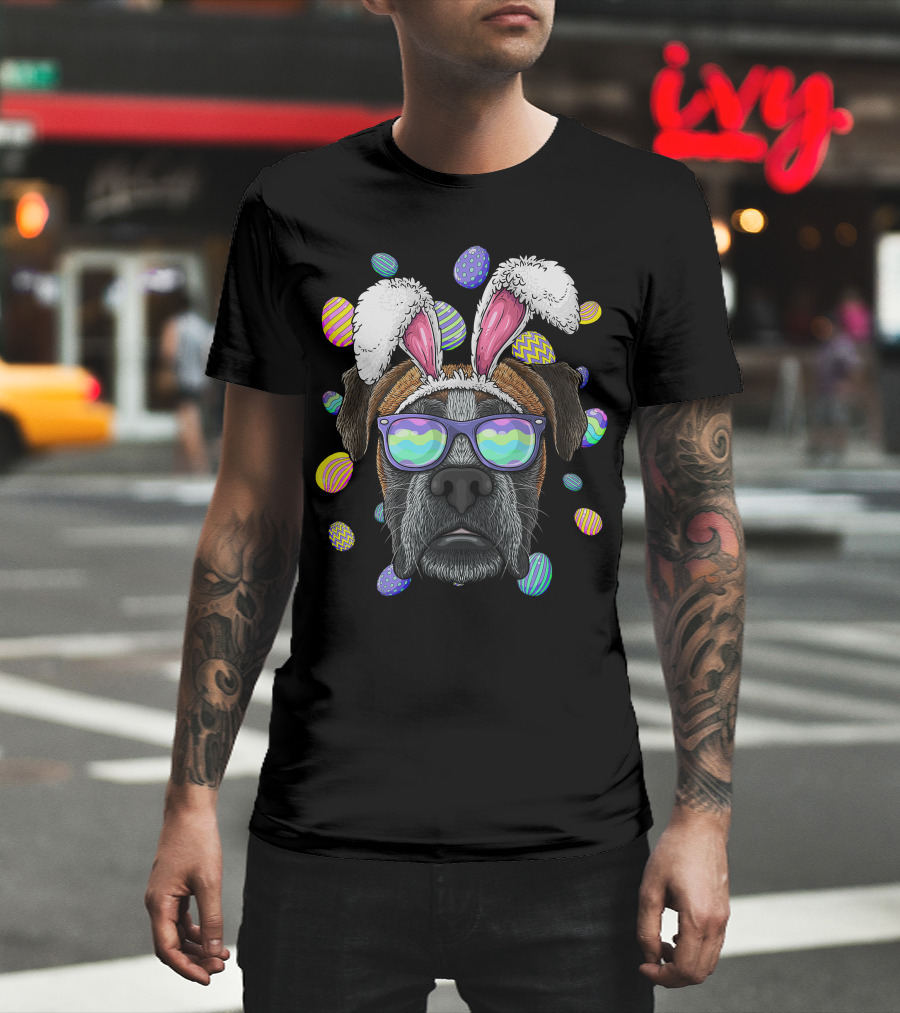 Boxer Dog With Bunny Ears And Sunglasses Surrounded By Colorful Easter Eggs T-Shirt